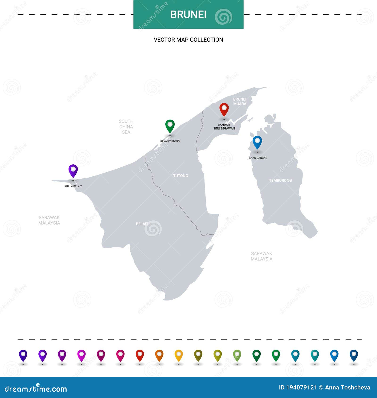 Brunei Map with Location Pointer Marks. Stock Vector - Illustration of ...