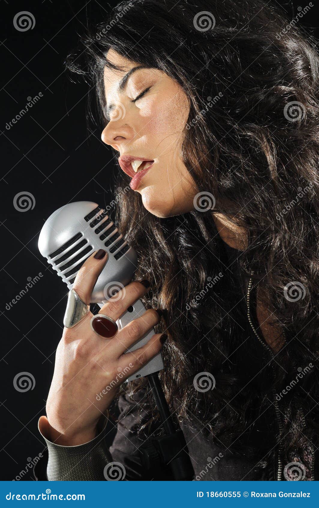 Brunette Beauty Singing with Retro Mic Stock Image - Image of ...