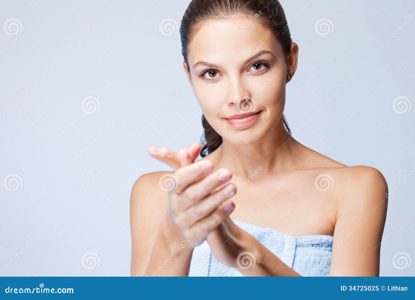 Brunette Beauty Using Lotion. Stock Image - Image of copy, brunette ...