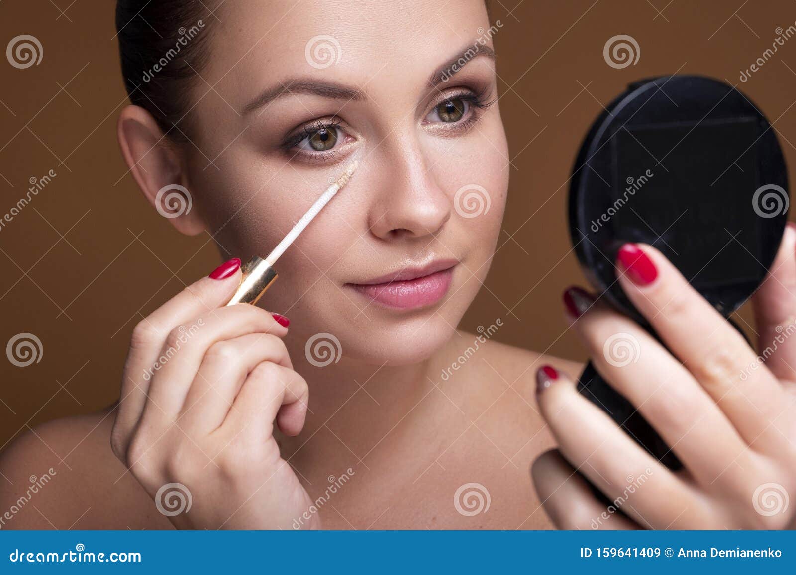 Brunette Caucasian Woman Apply Concealer Under Her Eyes Flawless Clean