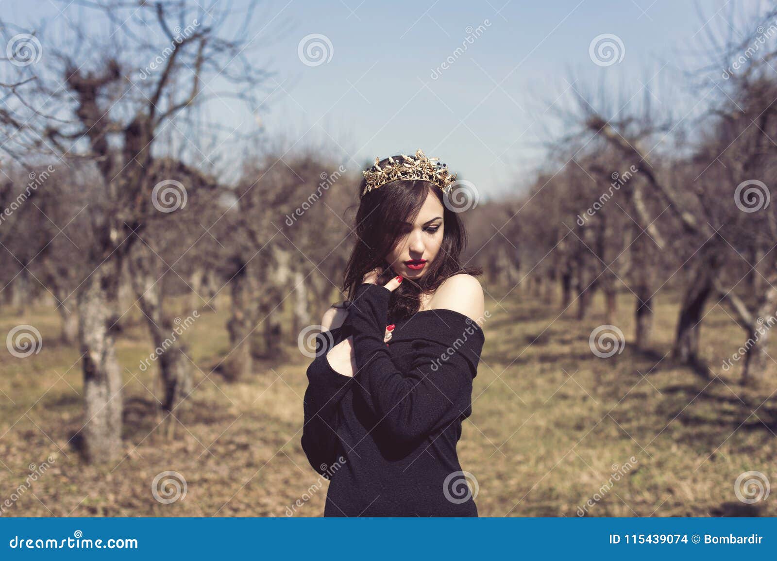 Brunette in a Spring Apple Orchard Stock Photo - Image of mystery ...