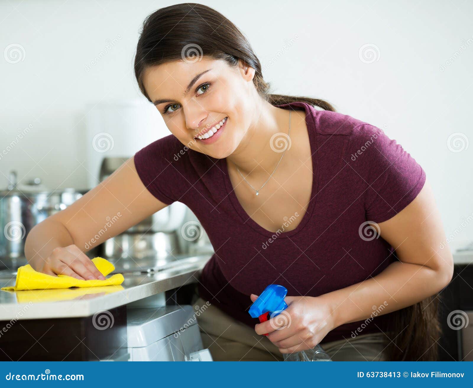 Brunette Dusting in Kitchen Stock Image - Image of apron, european ...