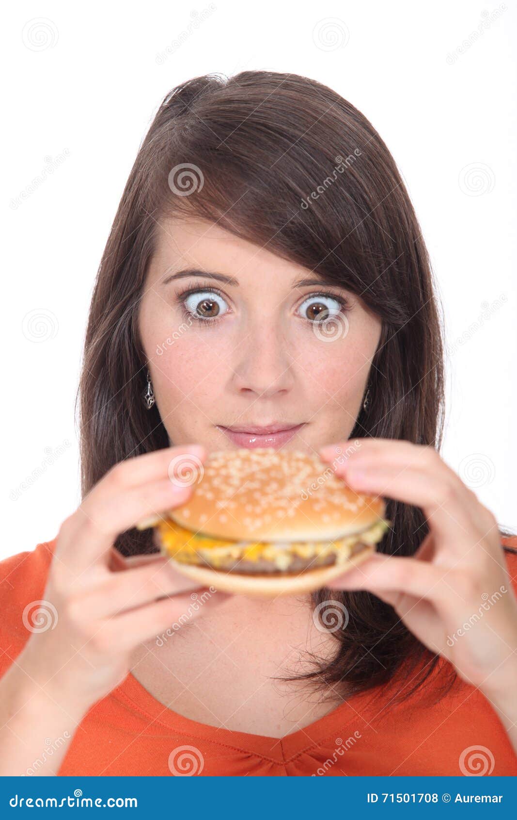Brunette Girl Eating Burger Stock Photo - Image of attack, appetite ...