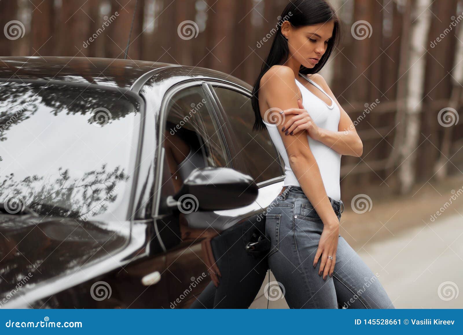 Brunette Girl Leaned Against the Car Stock Image - Image of casual ...