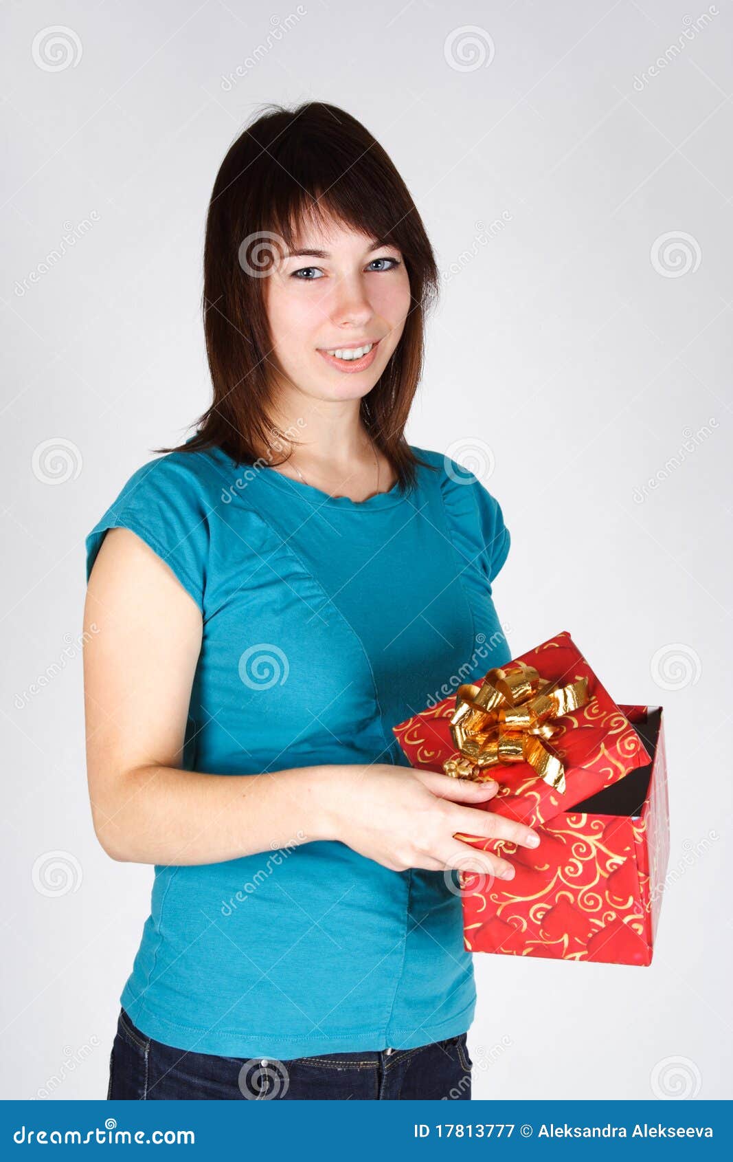 Brunette Girl Opening a Gift, Smiling Stock Image - Image of happy ...