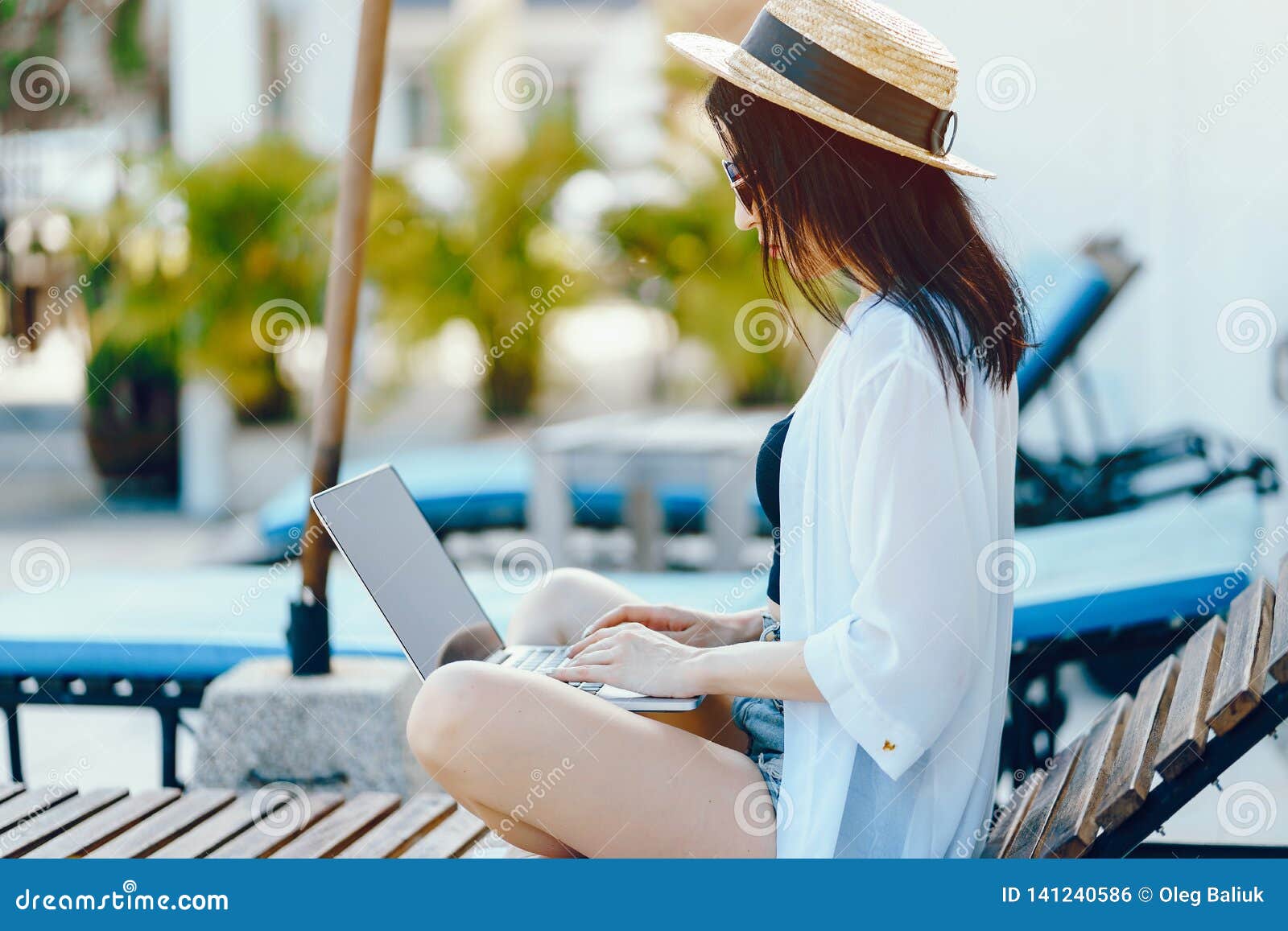 Brunette Girl Working by the Pool Stock Photo - Image of beautiful ...