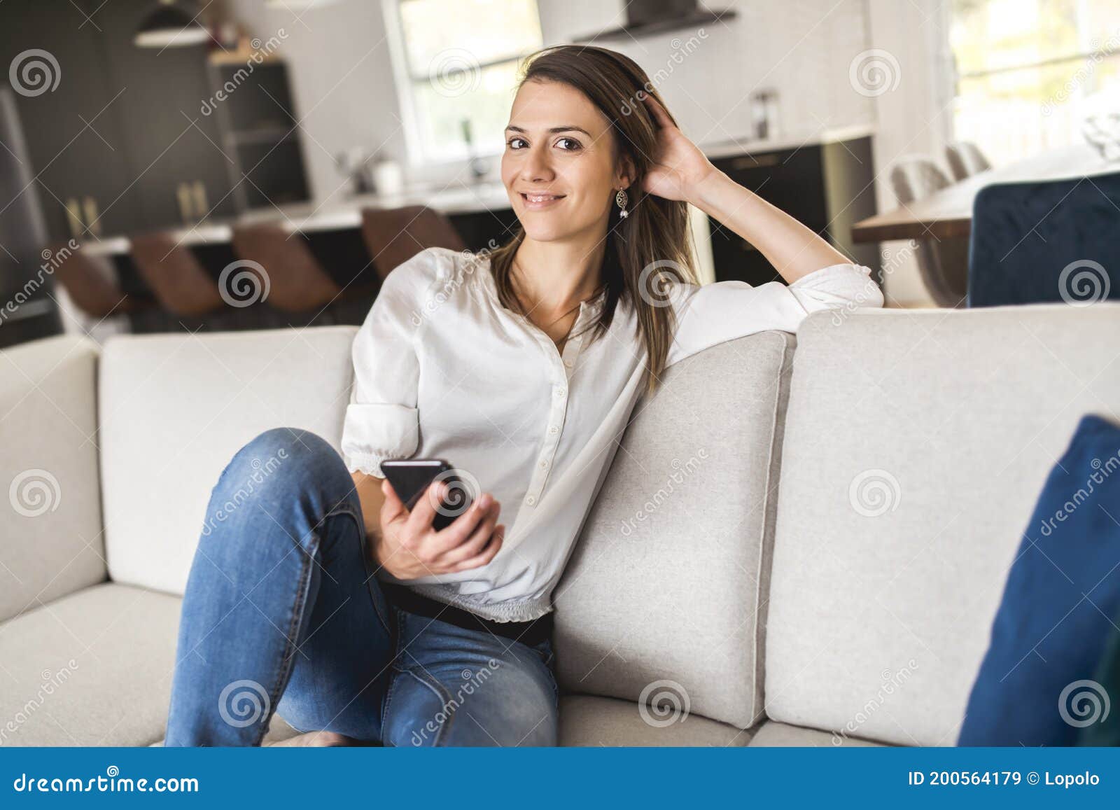 Brunette Having Good Time on the Living Room Stock Image - Image of ...