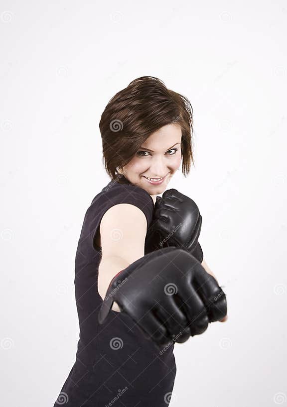 Brunette Kick Boxer Smiling Stock Photo - Image of black, fighting: 4081676