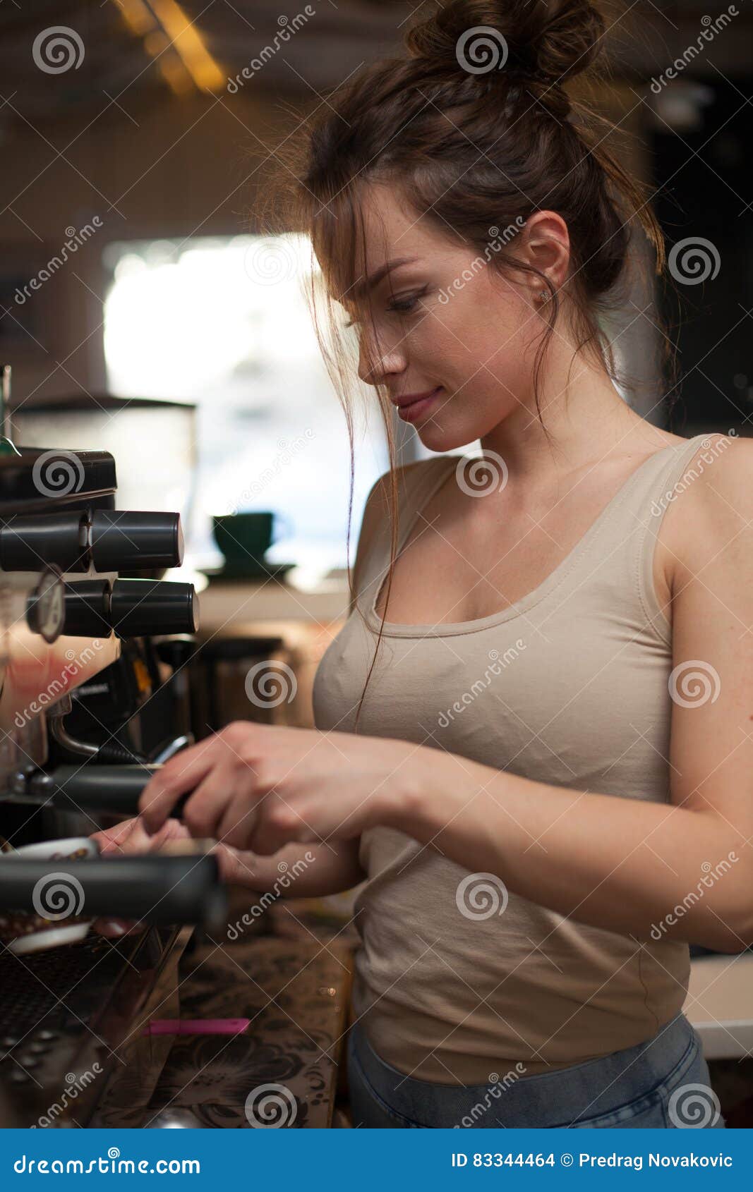 Brunette in Kitchen with Coffee Maker Stock Photo - Image of winter ...