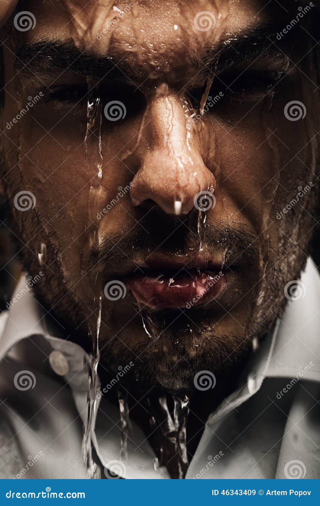 Brunette Man with Flowing Water on Face Stock Image - Image of ...