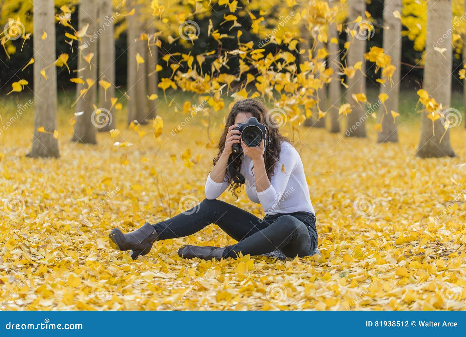Brunette Model in Fall Foliage with DSLR Camera Stock Photo - Image of ...