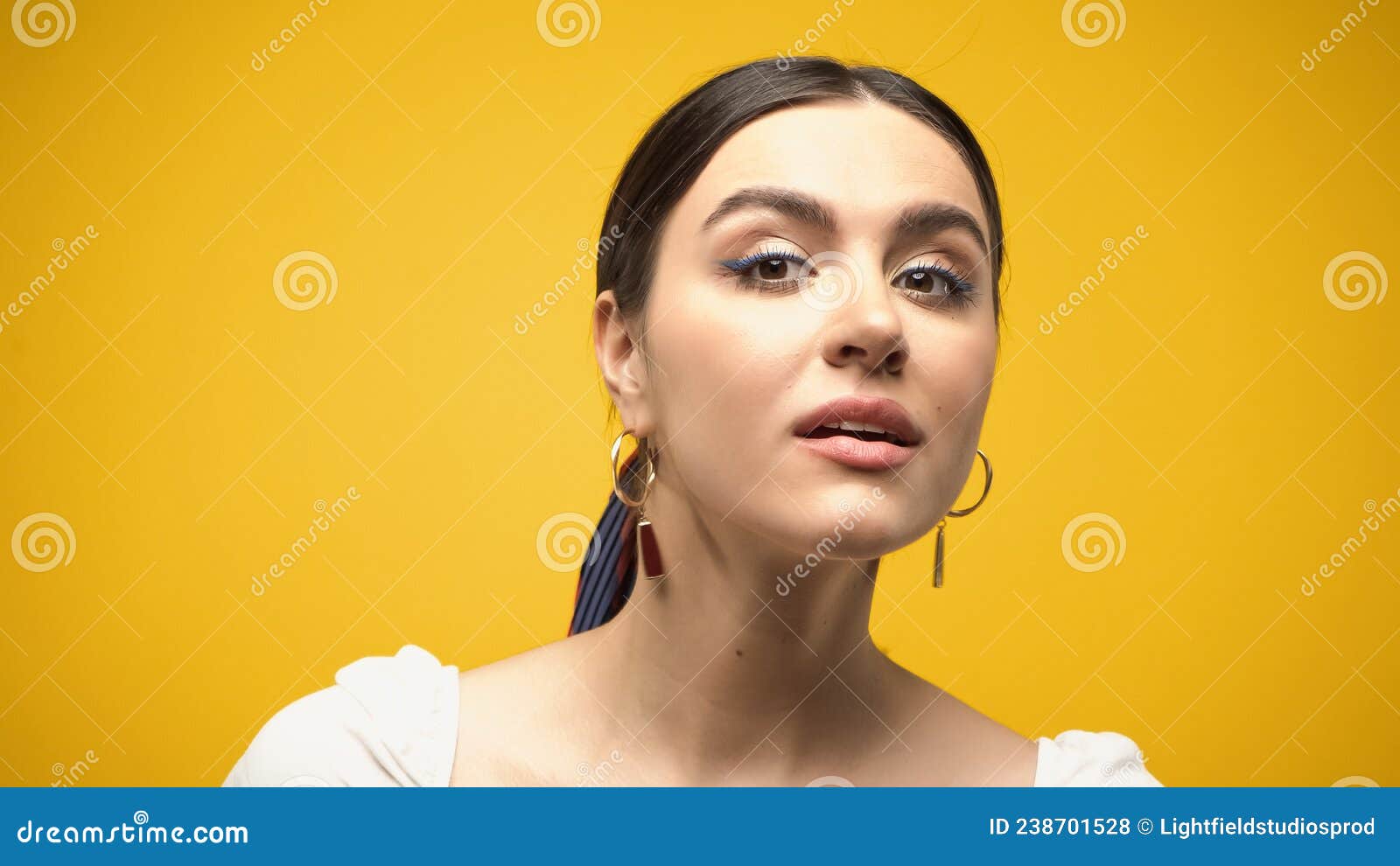 Brunette Model Looking at Camera Isolated Stock Photo - Image of yellow ...