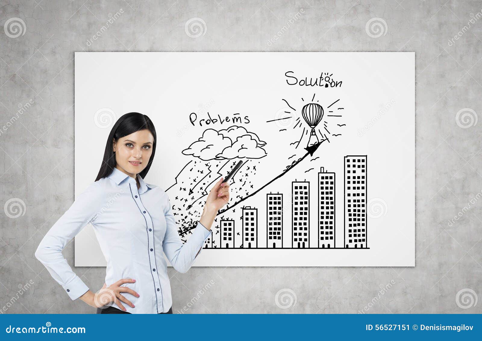 A Brunette is Pointing Out Problems and Solution Flowchart. a Concept ...