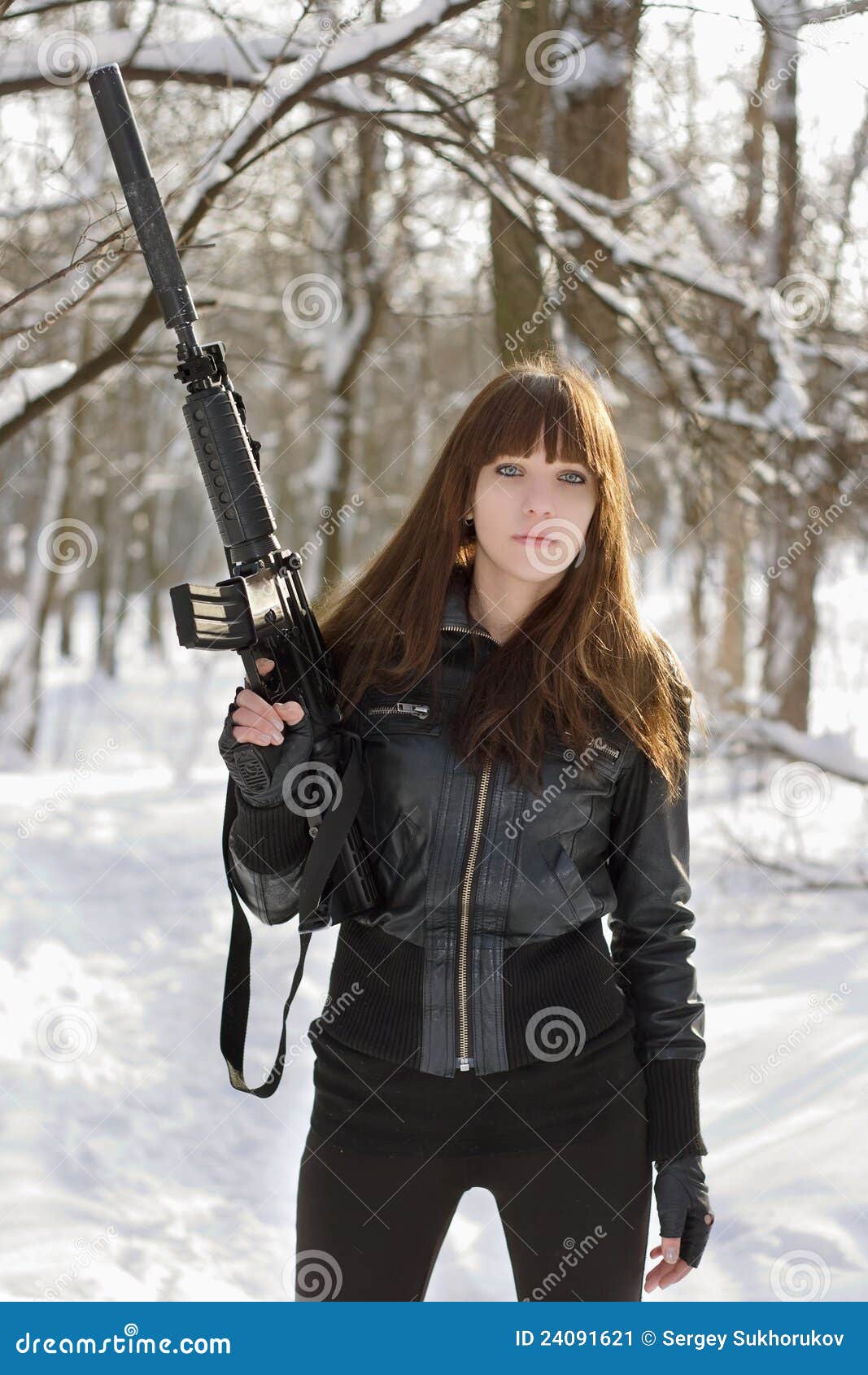 Brunette with the Raised Rifle Stock Image - Image of adult, armed ...