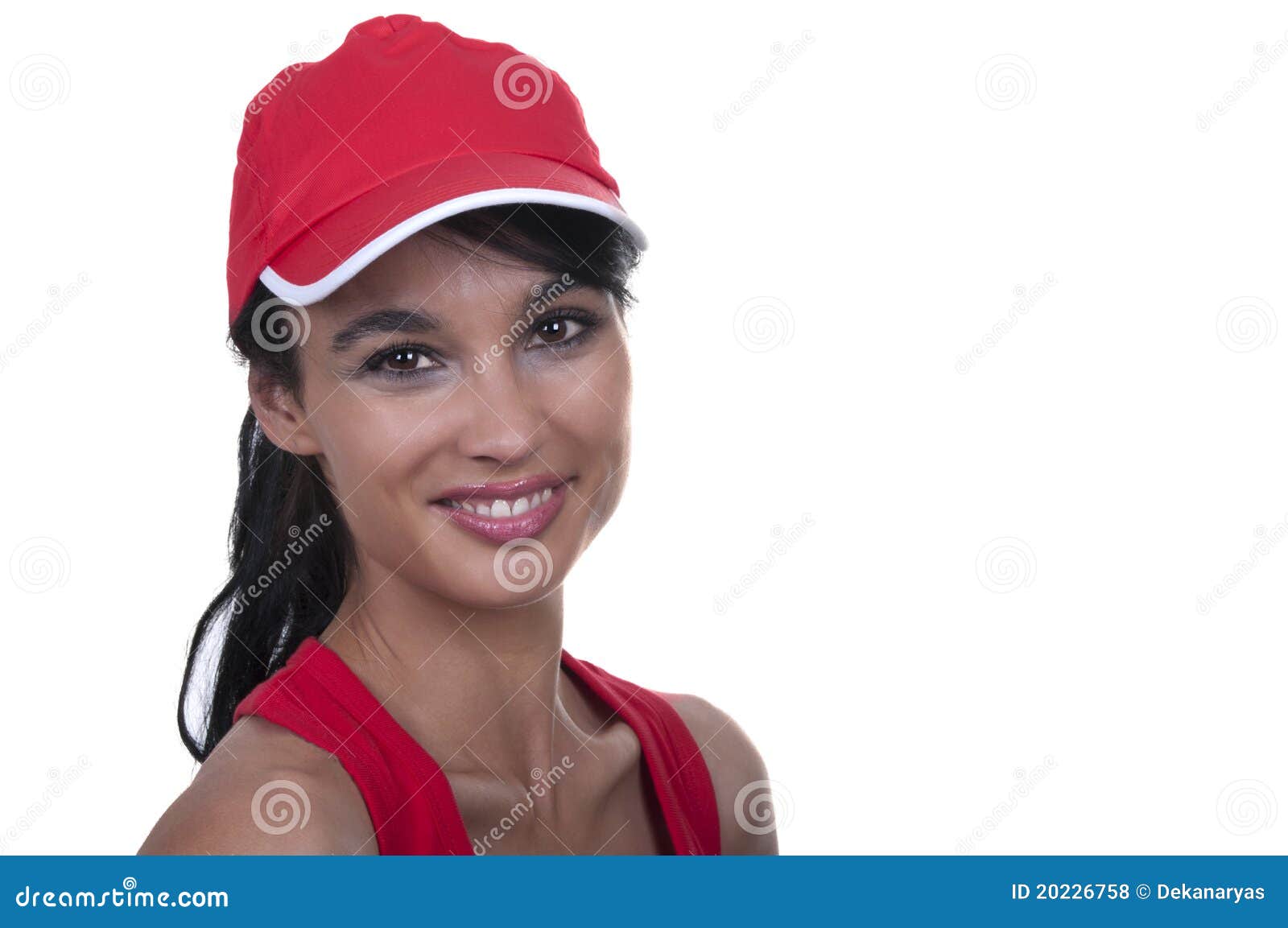 Brunette with red cap stock photo. Image of finger, smile - 20226758
