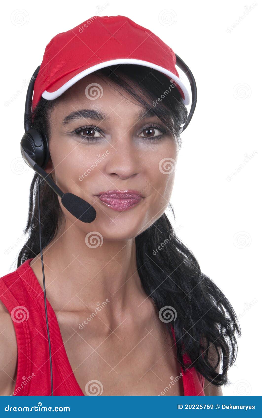Brunette with Red Hat Operator Stock Image - Image of email, merry ...