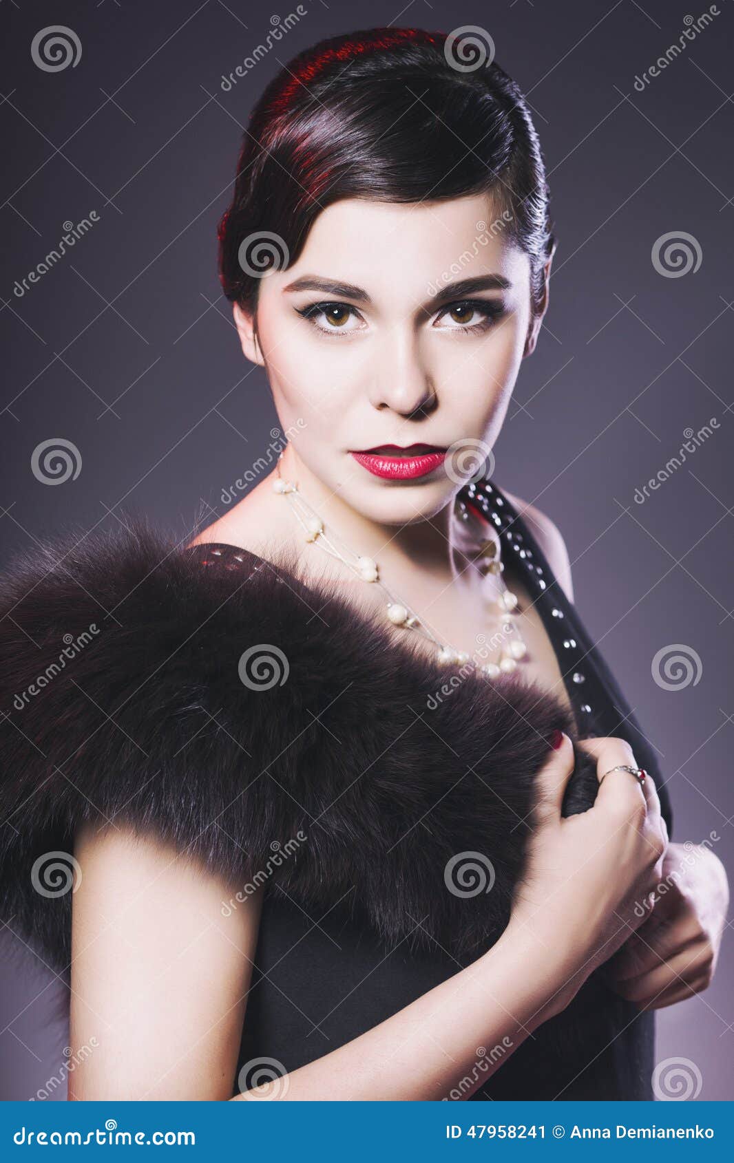 Brunette Retro Woman With Red Lips Make Up And Wave Bang Hairstyle