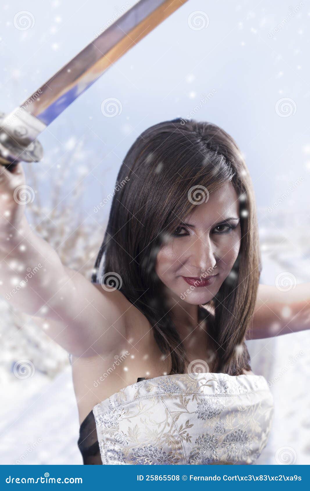 Brunette with Samurai Sword in the Snow, Model Stock Photo - Image of ...