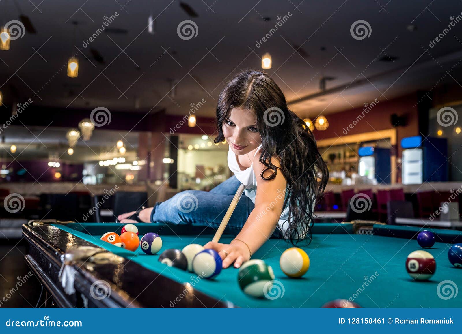Brunette is Sitting on Table and Playing Billiards. Stock Image - Image ...