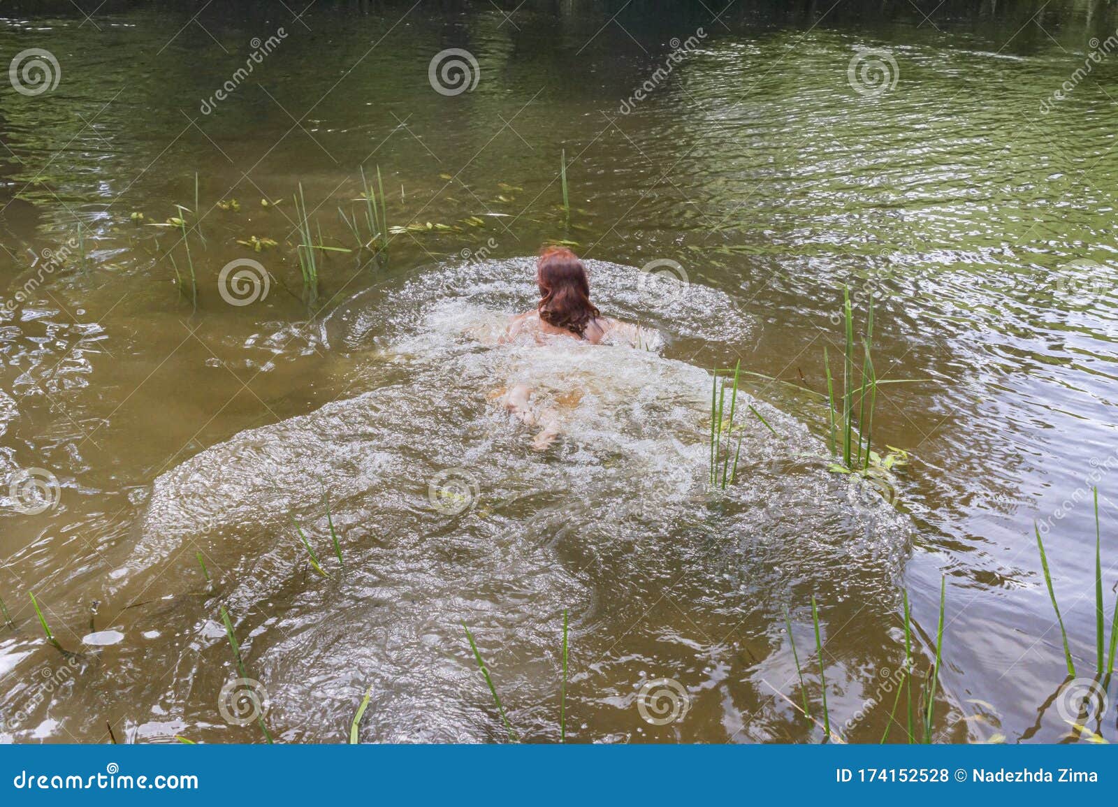 Brunette Swims in the Pond, Girl Swims in the River Stock Photo - Image ...