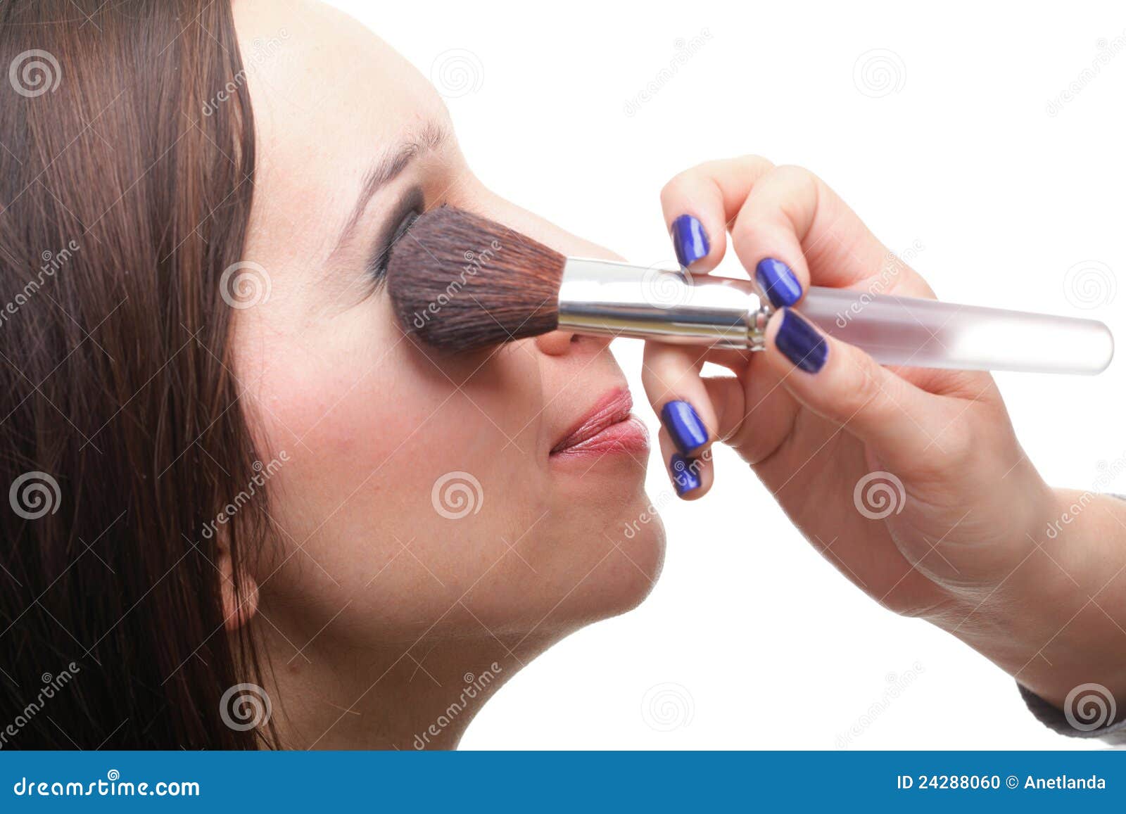 Brunette Woman Applying Powder with a Brush Stock Photo - Image of ...