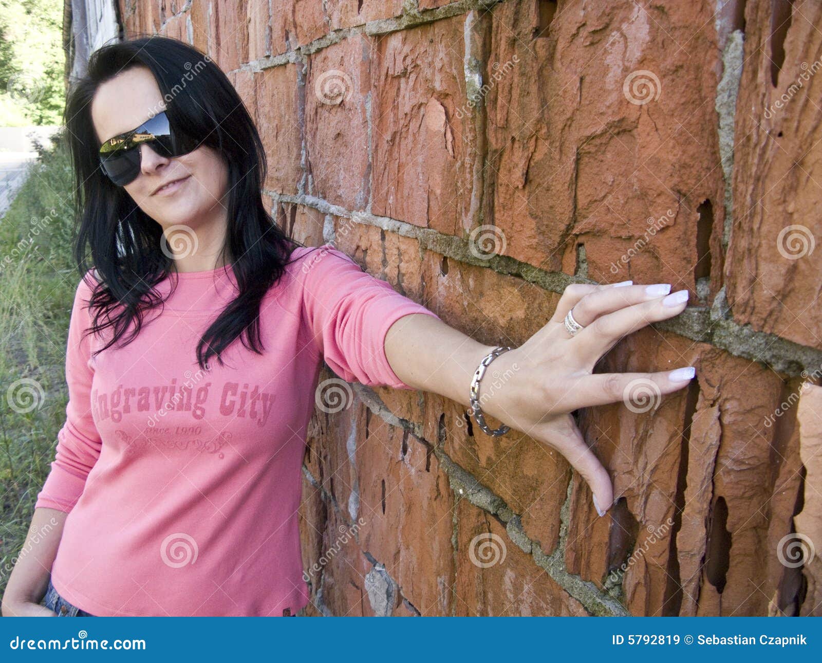 Brunette Woman at Brick Wall Stock Image - Image of beautiful ...