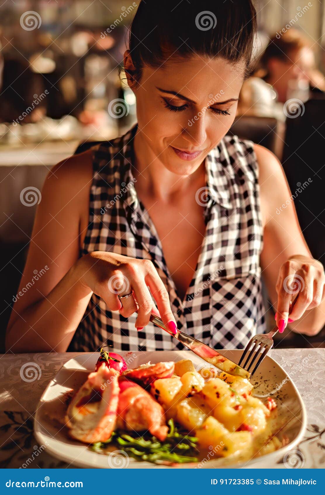 Brunette Woman Dining in the Restaurant Stock Image - Image of brunette ...