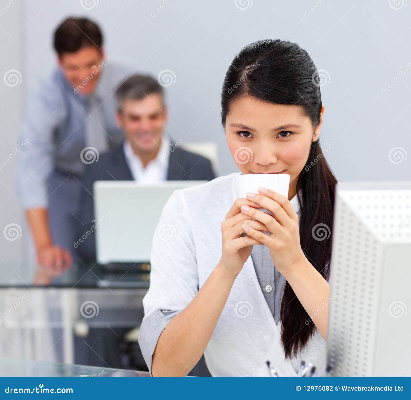 Brunette Woman Drinking Coffee in the Office Stock Photo - Image of ...