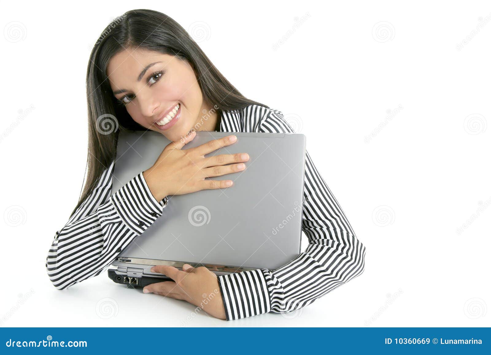 Brunette Woman Hug Laptop Computer Stock Image - Image of brunette ...