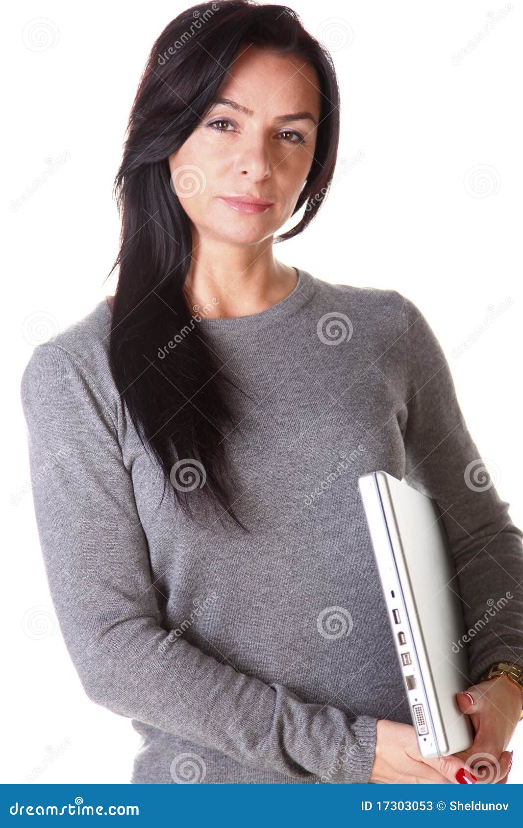 Brunette Woman Hug Laptop Computer Stock Image - Image of model, black ...