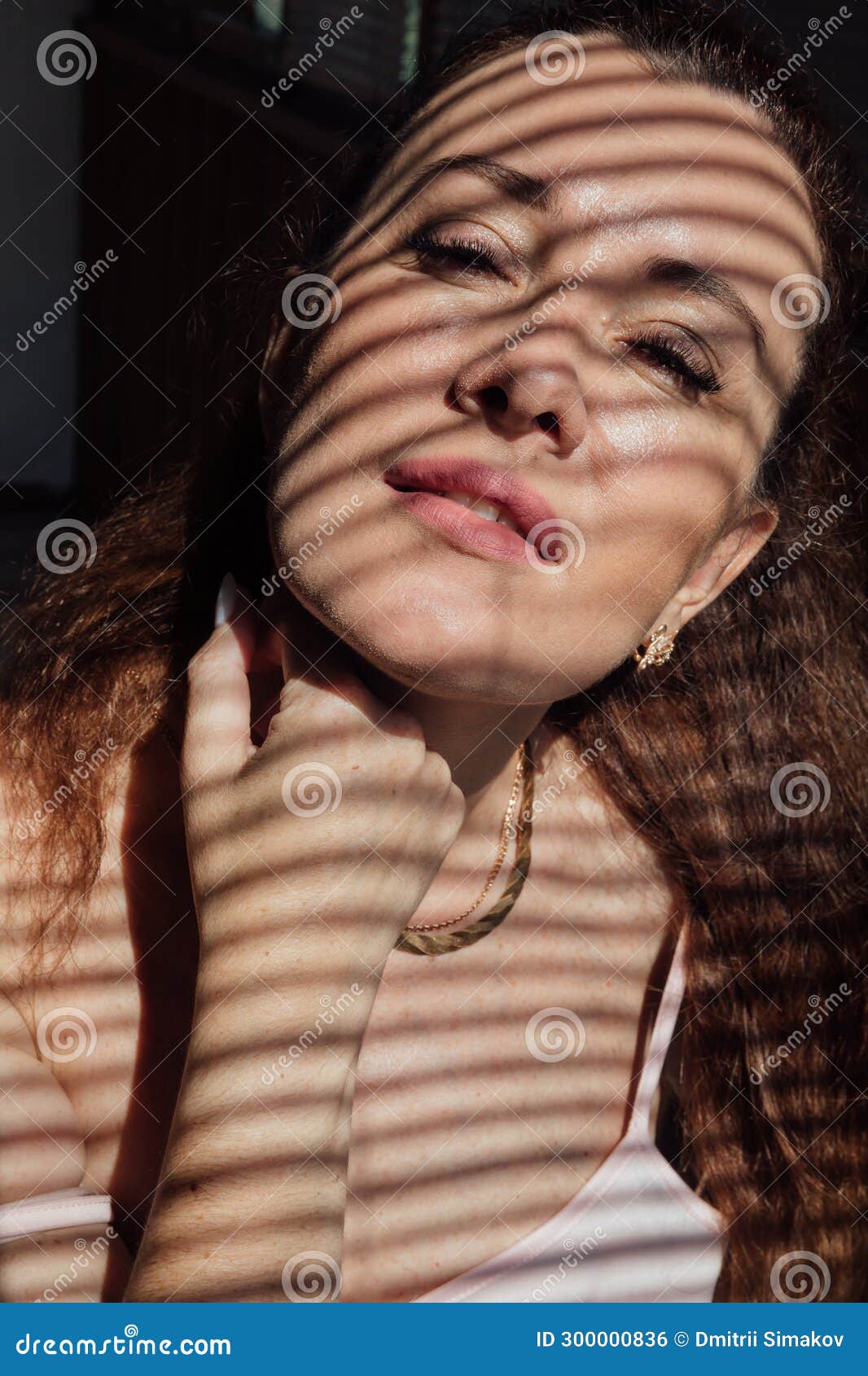 Beautiful Brunette Woman Light and Shadow Blinds from Window Stock ...