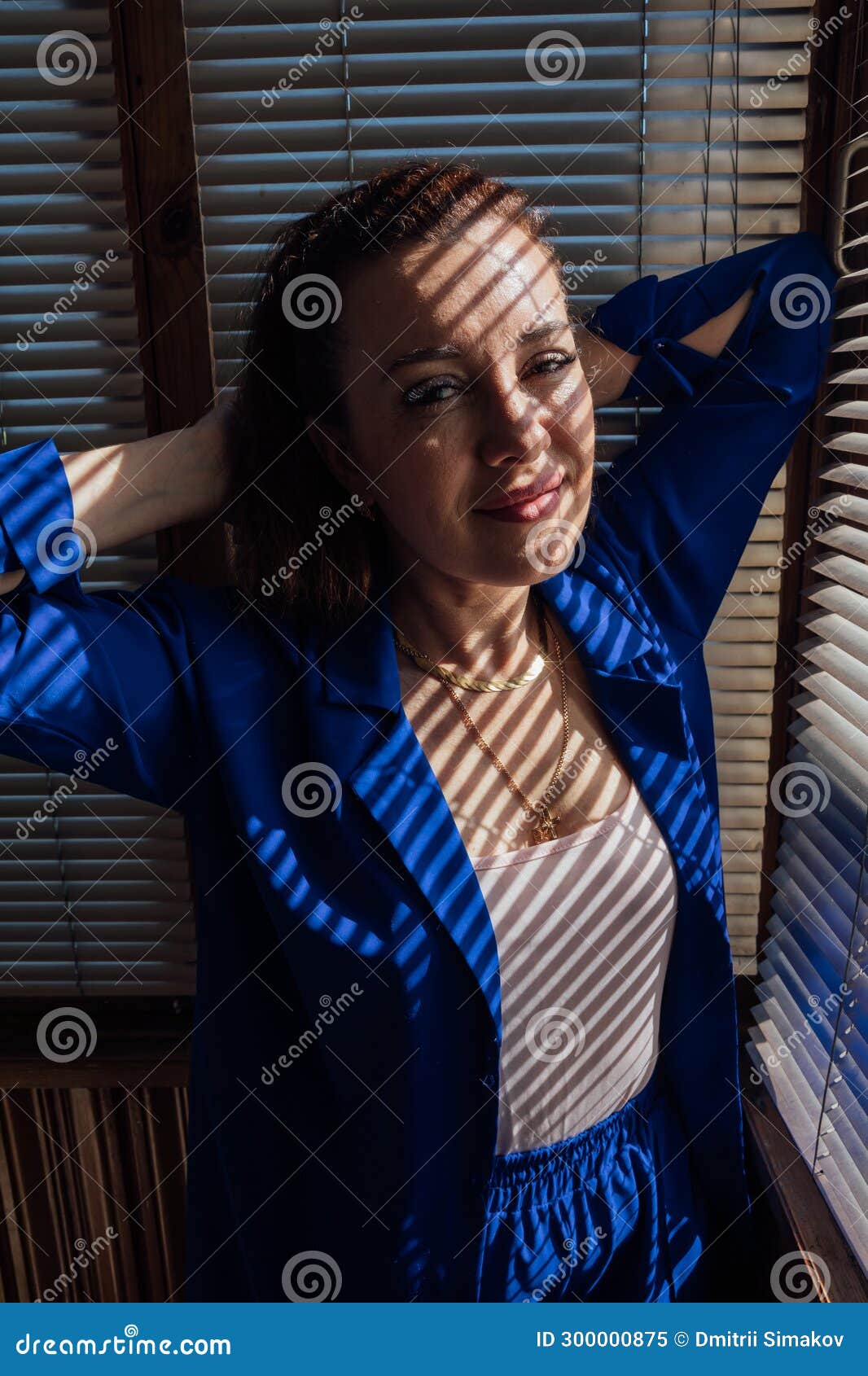 Beautiful Brunette Woman Light and Shadow Blinds from Window Stock ...