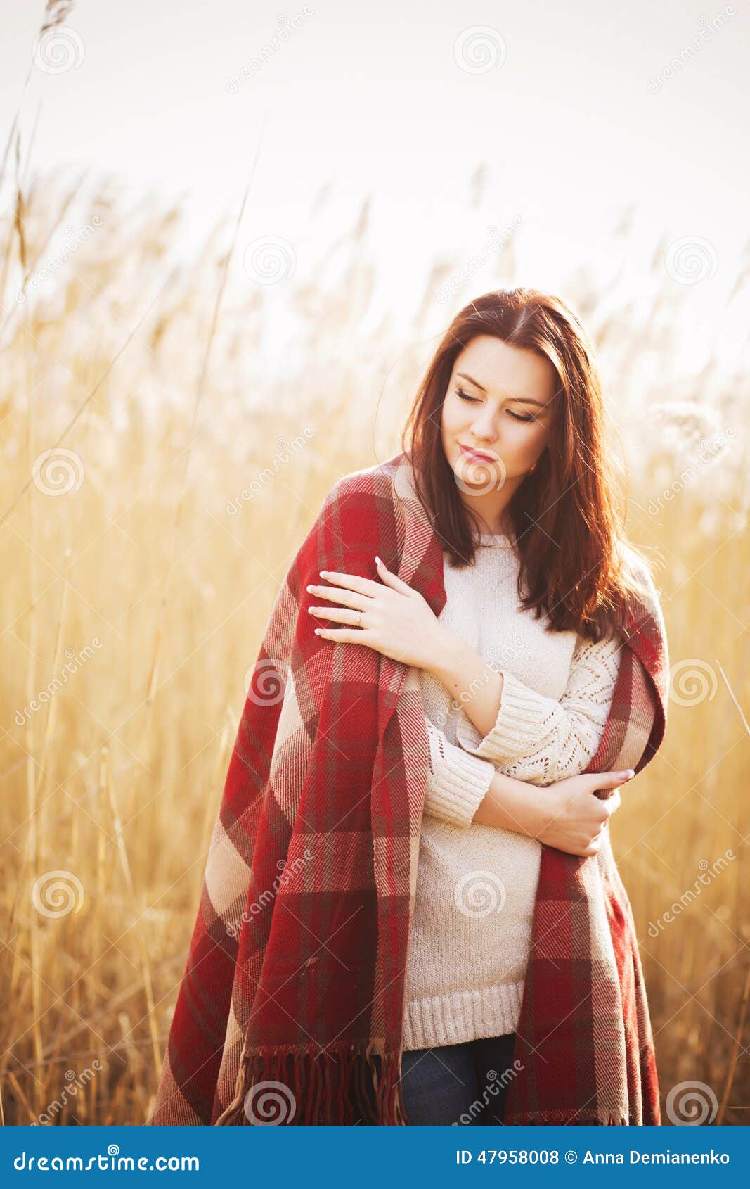 Brunette Woman Outdoors in Check Pattern Plaid Smiling Stock Photo ...