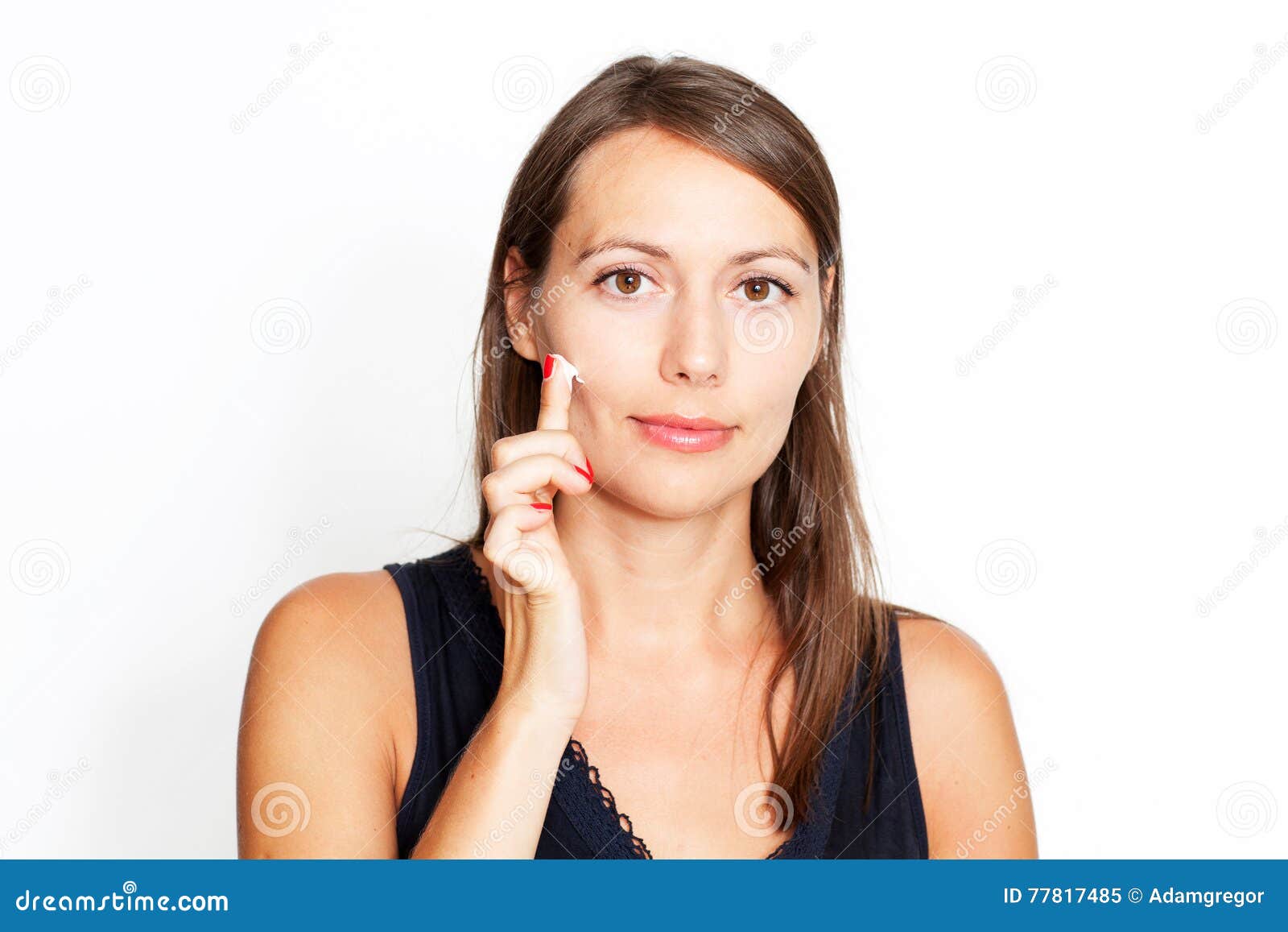 Brunette Woman Putting Lotion On Stock Image Image Of Cosmetics Body 77817485