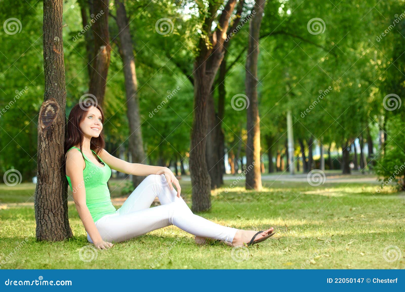 Brunette Woman Sitting Under the Tree Stock Image - Image of leisure ...