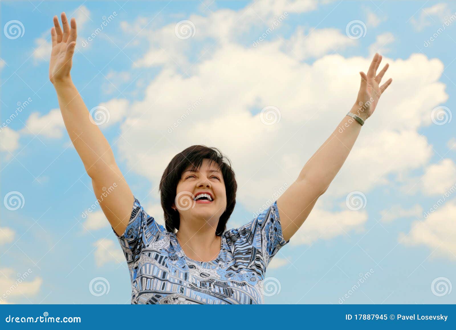 Brunette Woman Smiling, Hands Up Stock Image - Image of outdoor, female ...