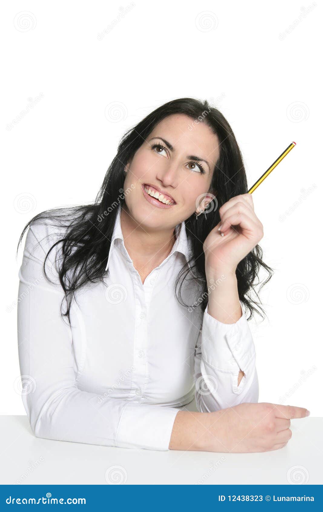 Brunette Woman Thinking with Pencil Stock Image - Image of corporate ...