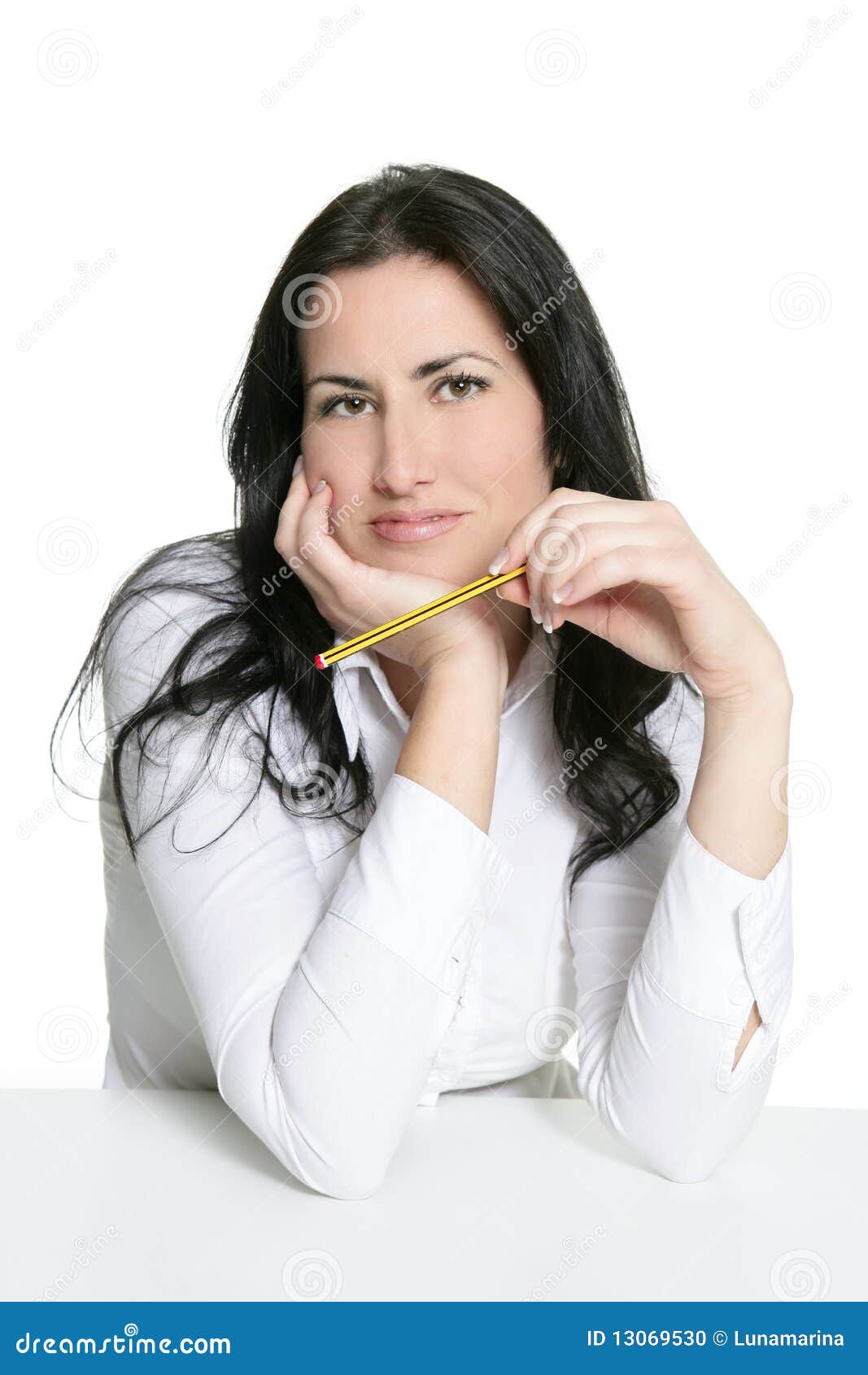 Brunette Woman Thinking with Pencil Stock Photo - Image of hand, people ...