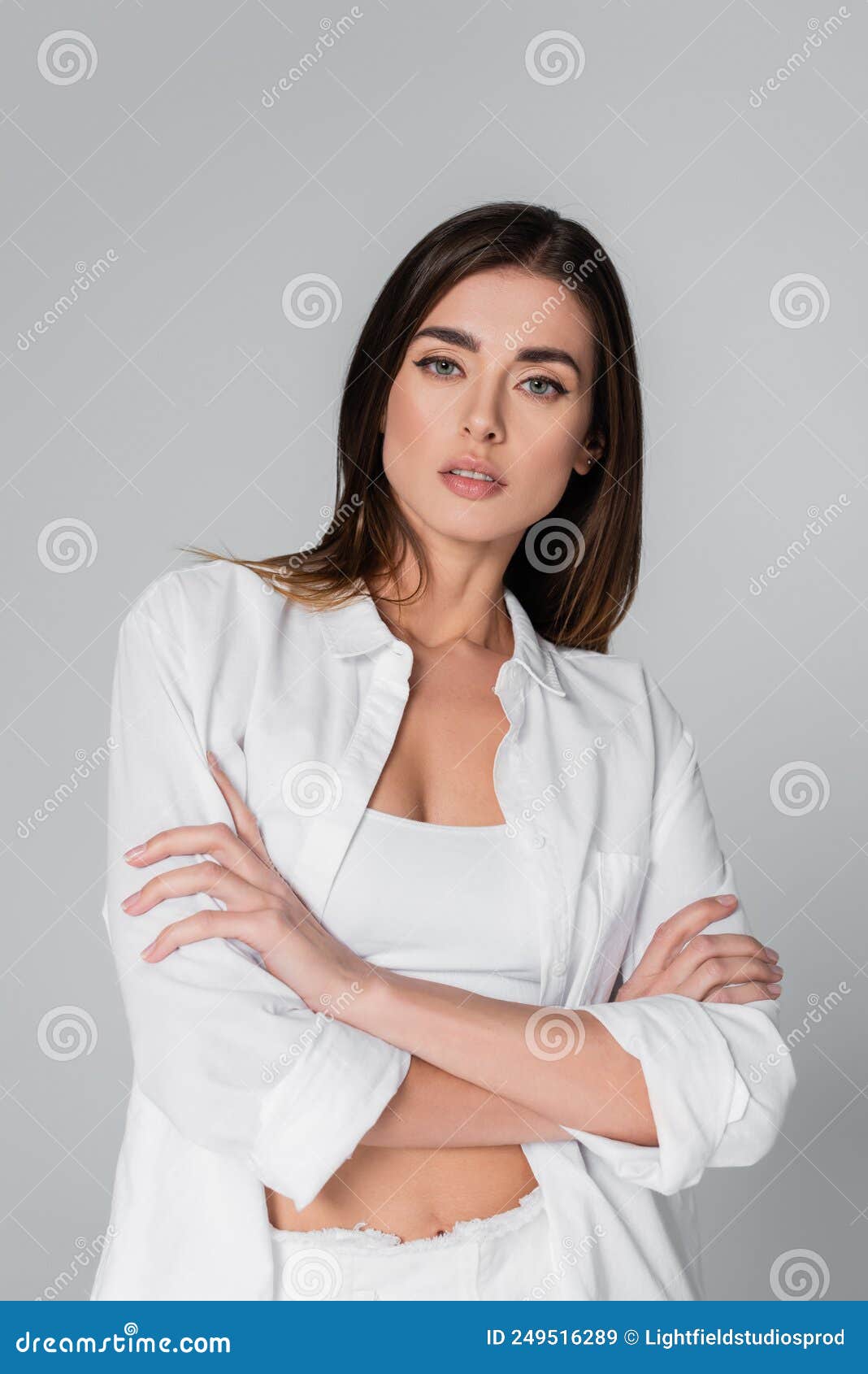 Brunette Woman In White Shirt Crossing Stock Image Image Of Caucasian