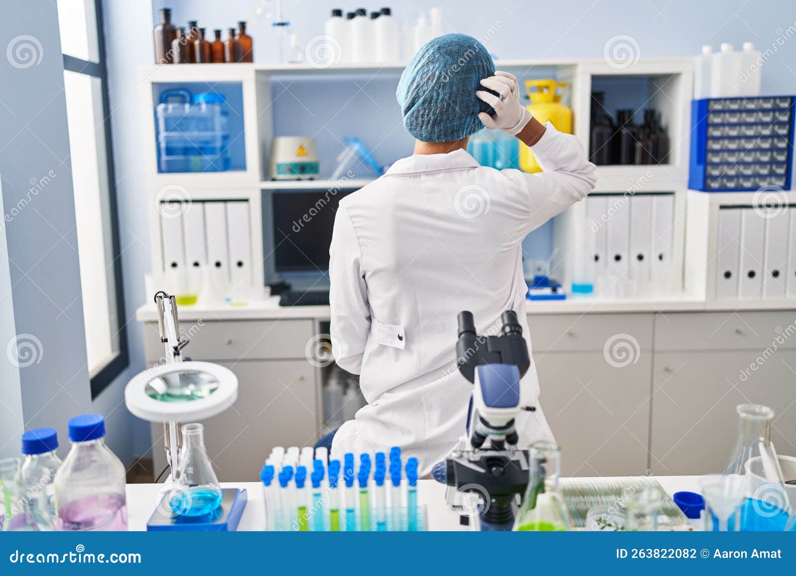 Brunette Woman Working at Scientist Laboratory Backwards Thinking about ...