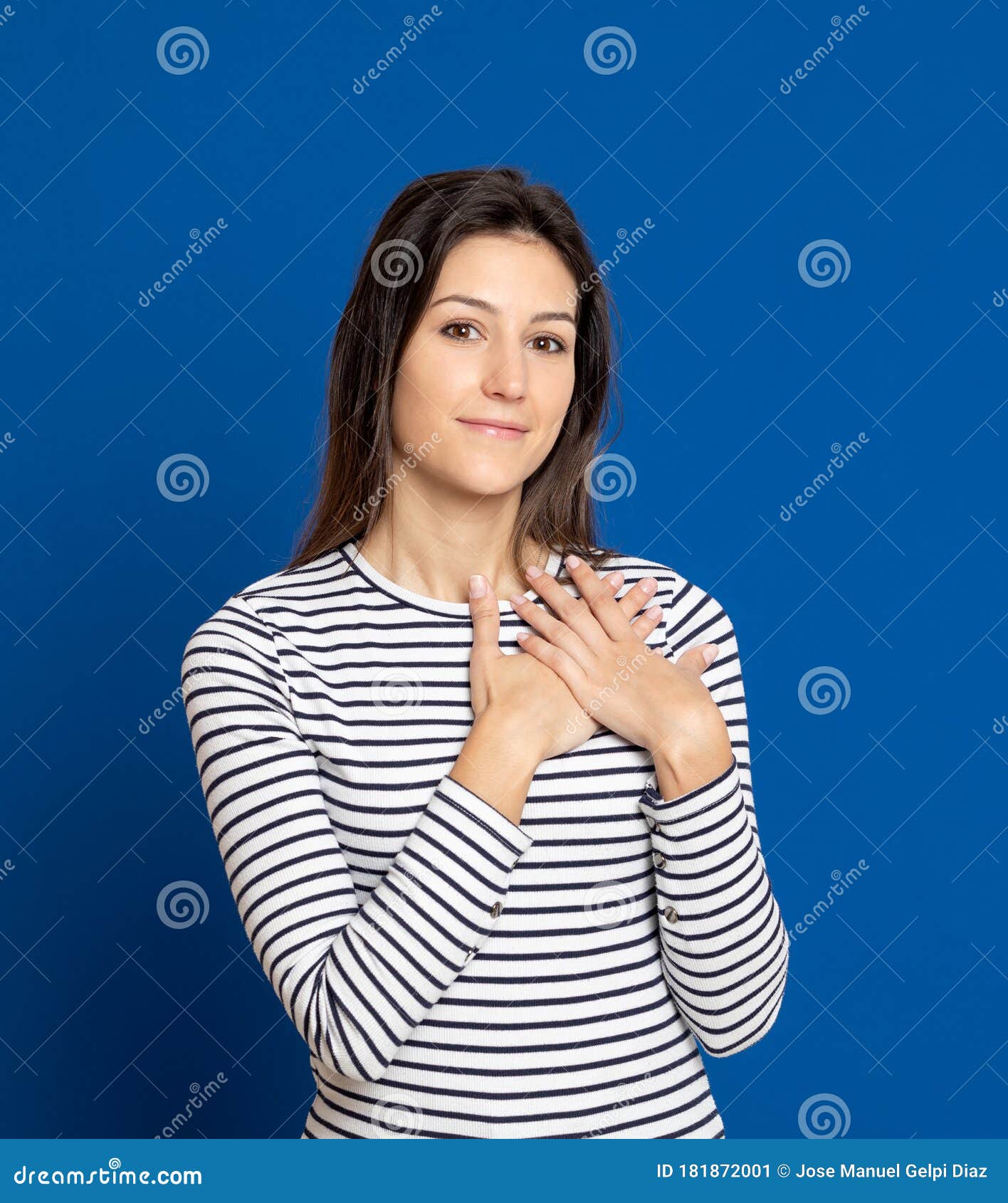 Brunette Young Woman Wearing A Striped T Shirt Stock Image Image Of