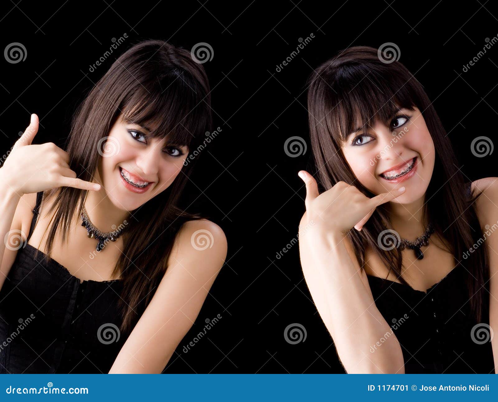 Brunettes with Brackets on Teeth Calling Stock Image - Image of ...
