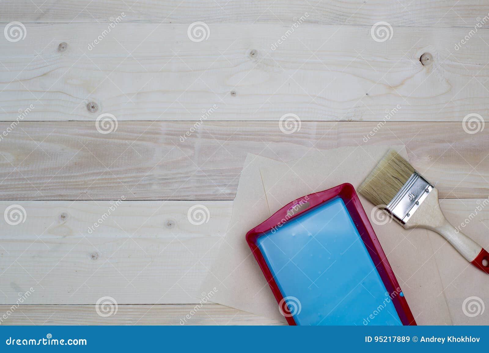 Brush and Blue Paint in a Container on Wooden Boards Stock Image ...