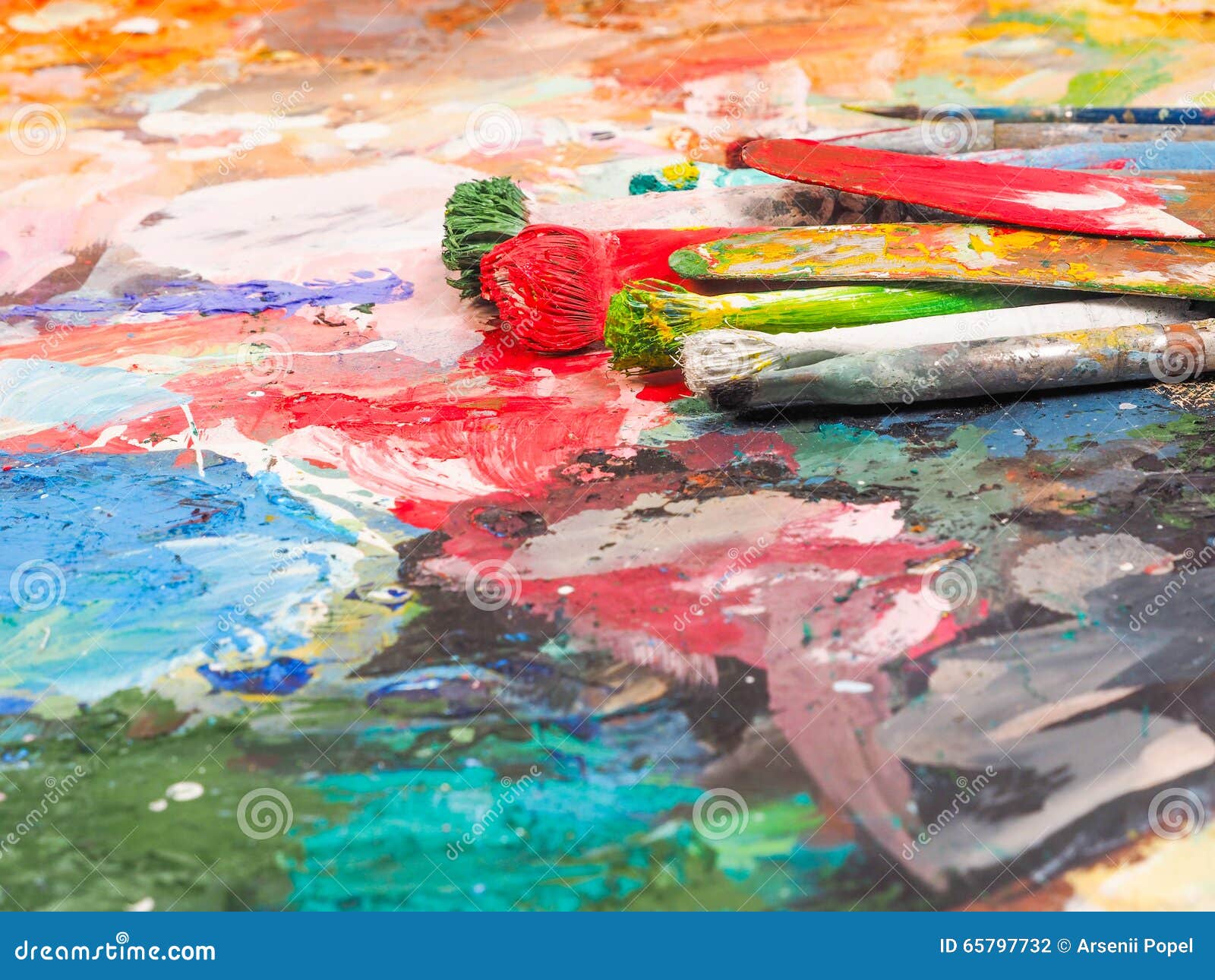Brush and Bright Oil-paint Palette for Background Stock Photo - Image ...