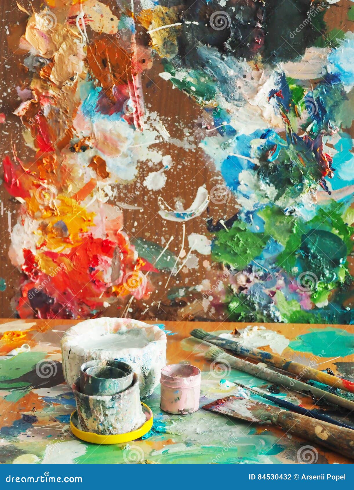 Brush and Bright Oil-paint Palette for Background Stock Photo - Image ...
