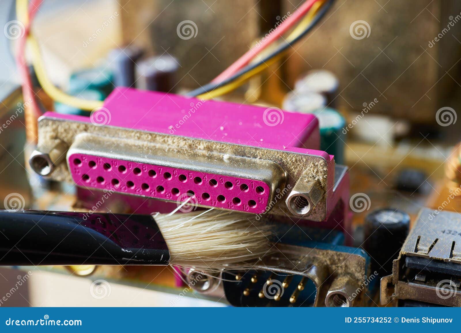 Brush Cleaning an Old Computer Board from Dust and Dirt. Close-up ...