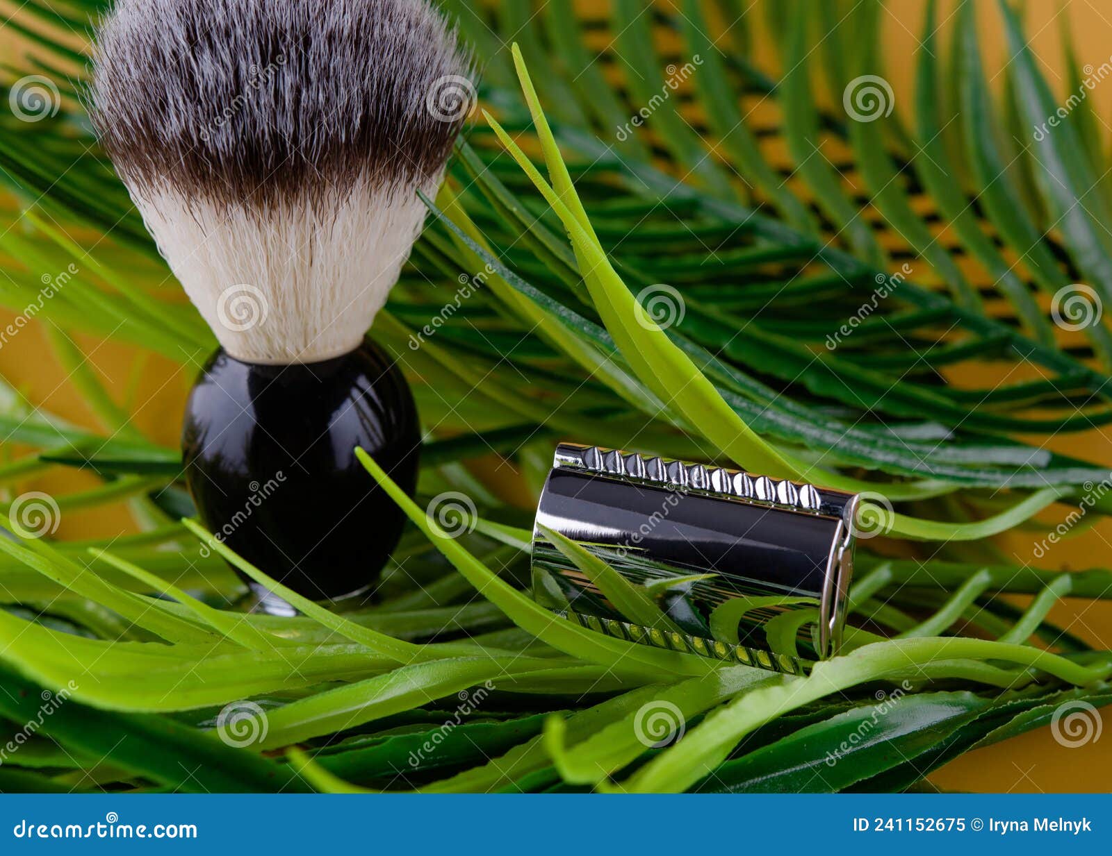 Brush and Old Razor in Palm Leaves on Yellow Background Stock Image ...