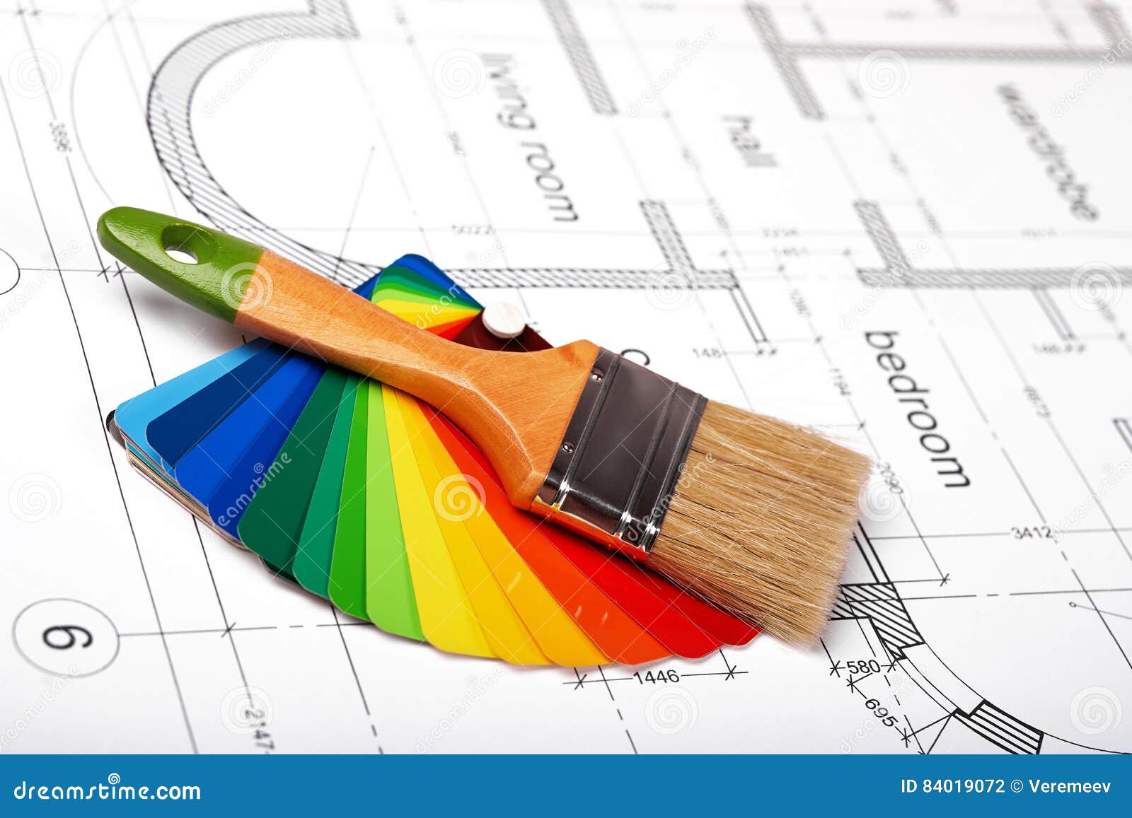 Brush and Paint Samples on Construction Drawings Stock Photo - Image of ...