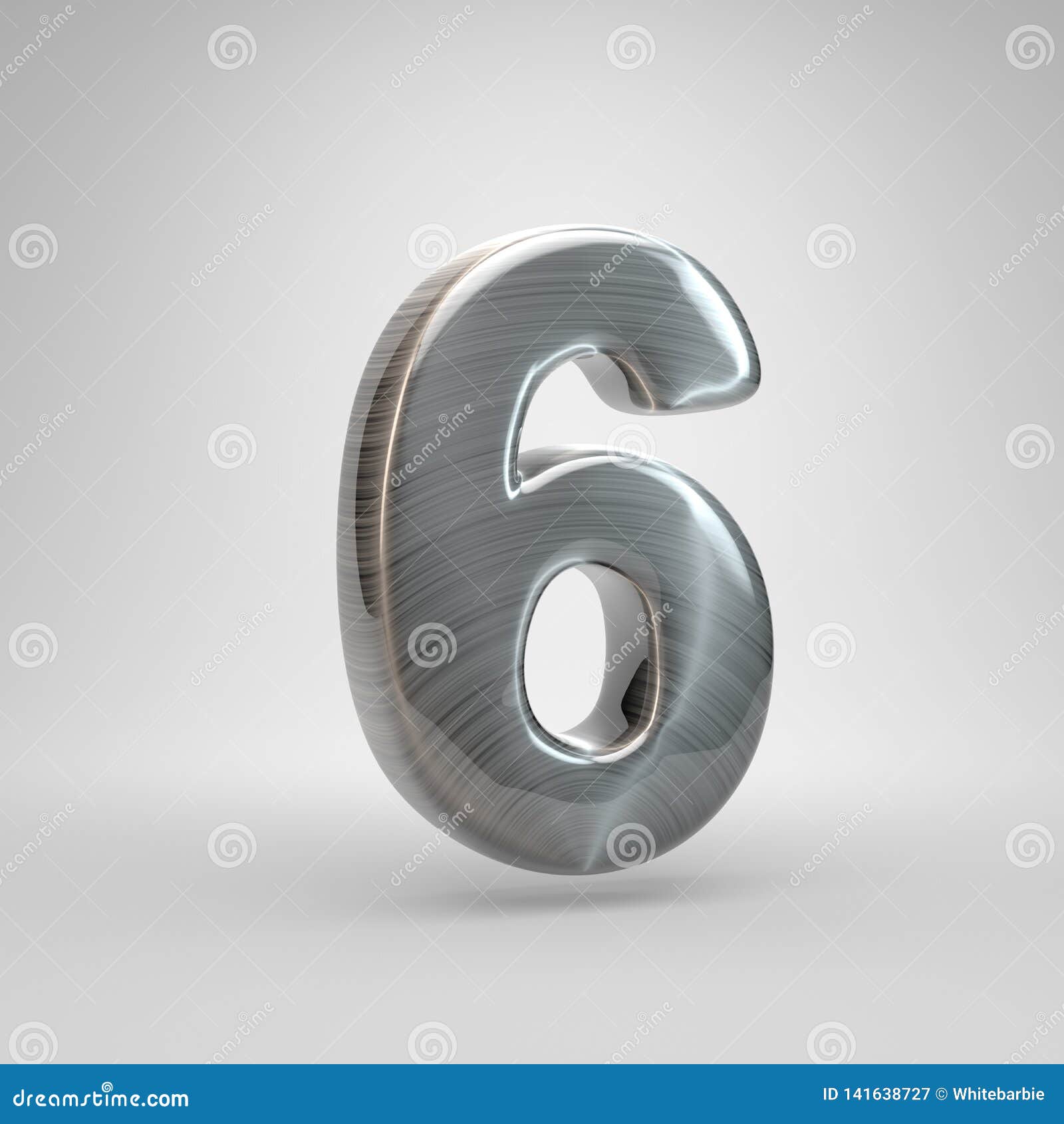 Brushed Metal Number 6. 3D Render Shiny Metal Font Isolated on White ...