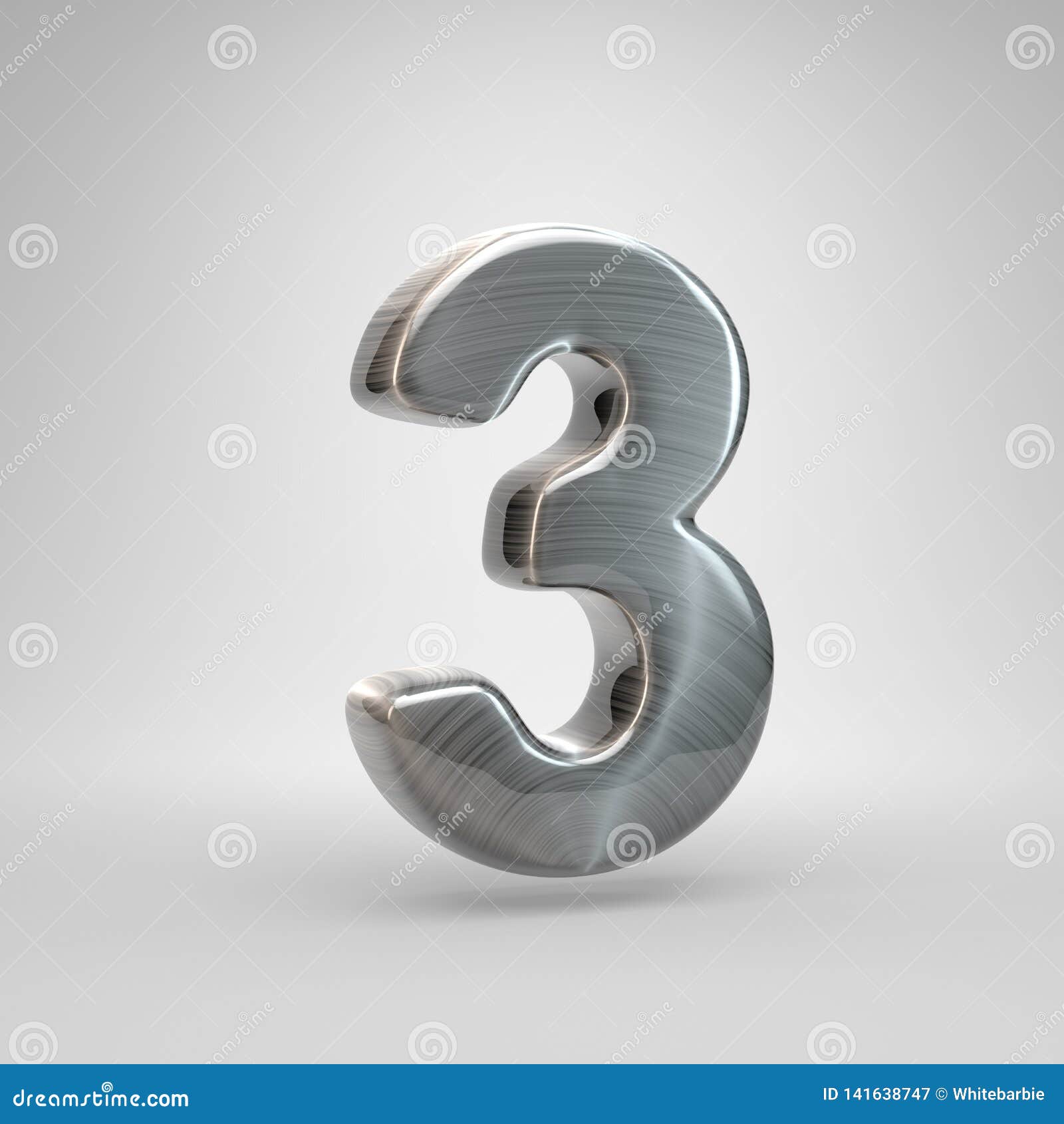 Brushed Metal Number 3. 3D Render Shiny Metal Font Isolated on White ...
